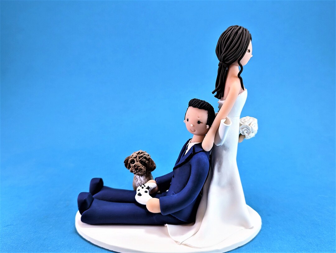 Bride Dragging Gamer Groom With a Dog Custom Wedding Cake Topper - by ...