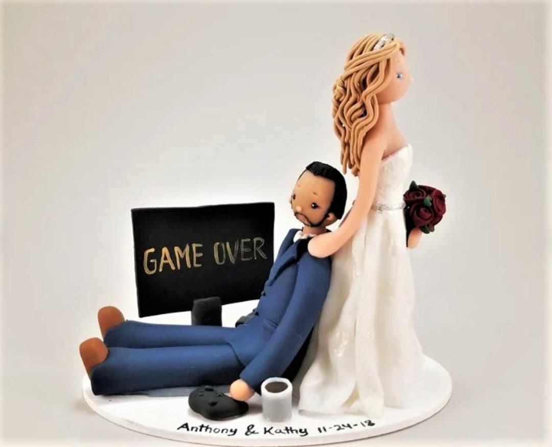 Bride Dragging Groom Gamer Personalized Wedding Cake Topper by MUDCARDS ...