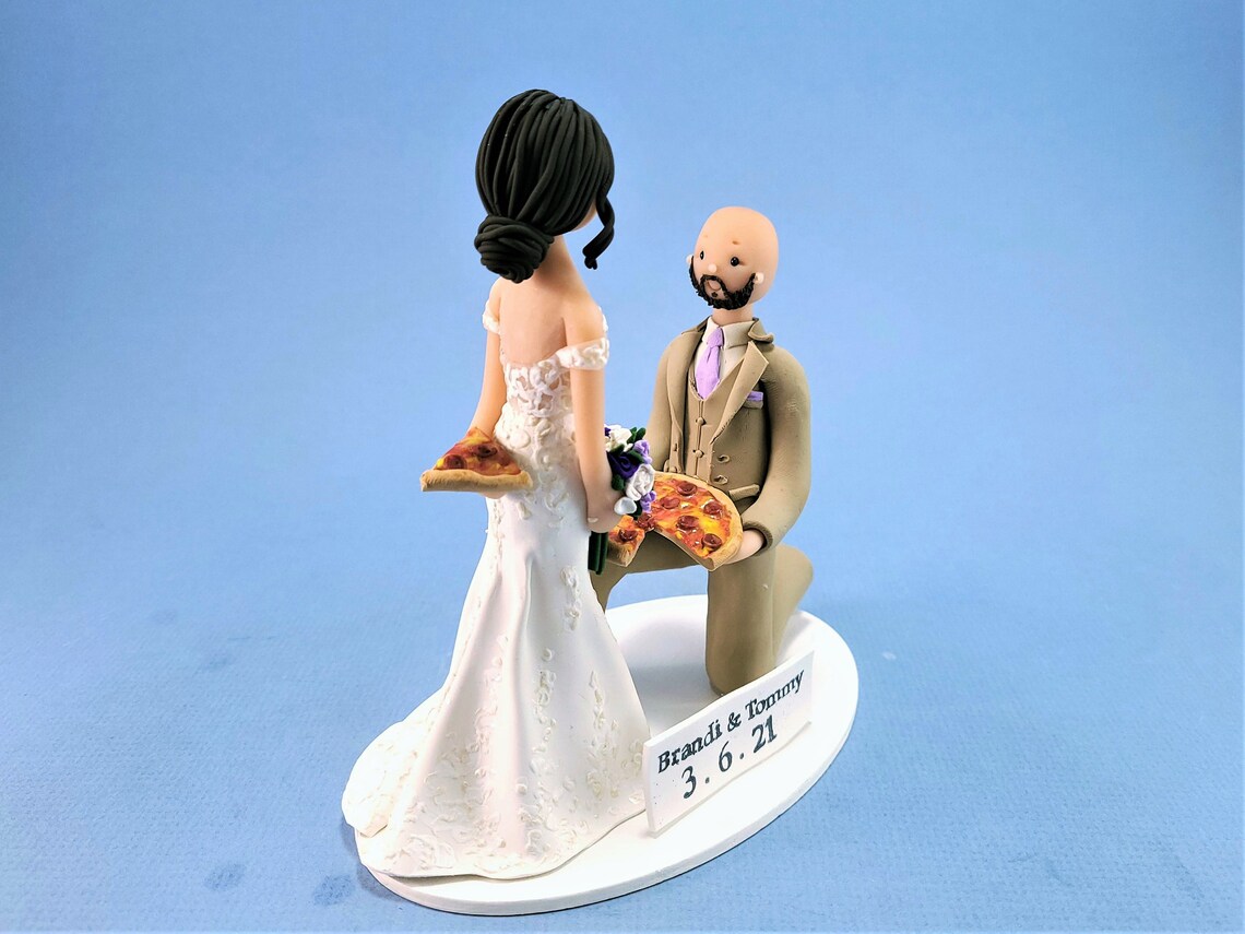 Bride & Kneeling Groom With a Pizza Custom Made Wedding Cake Topper ...