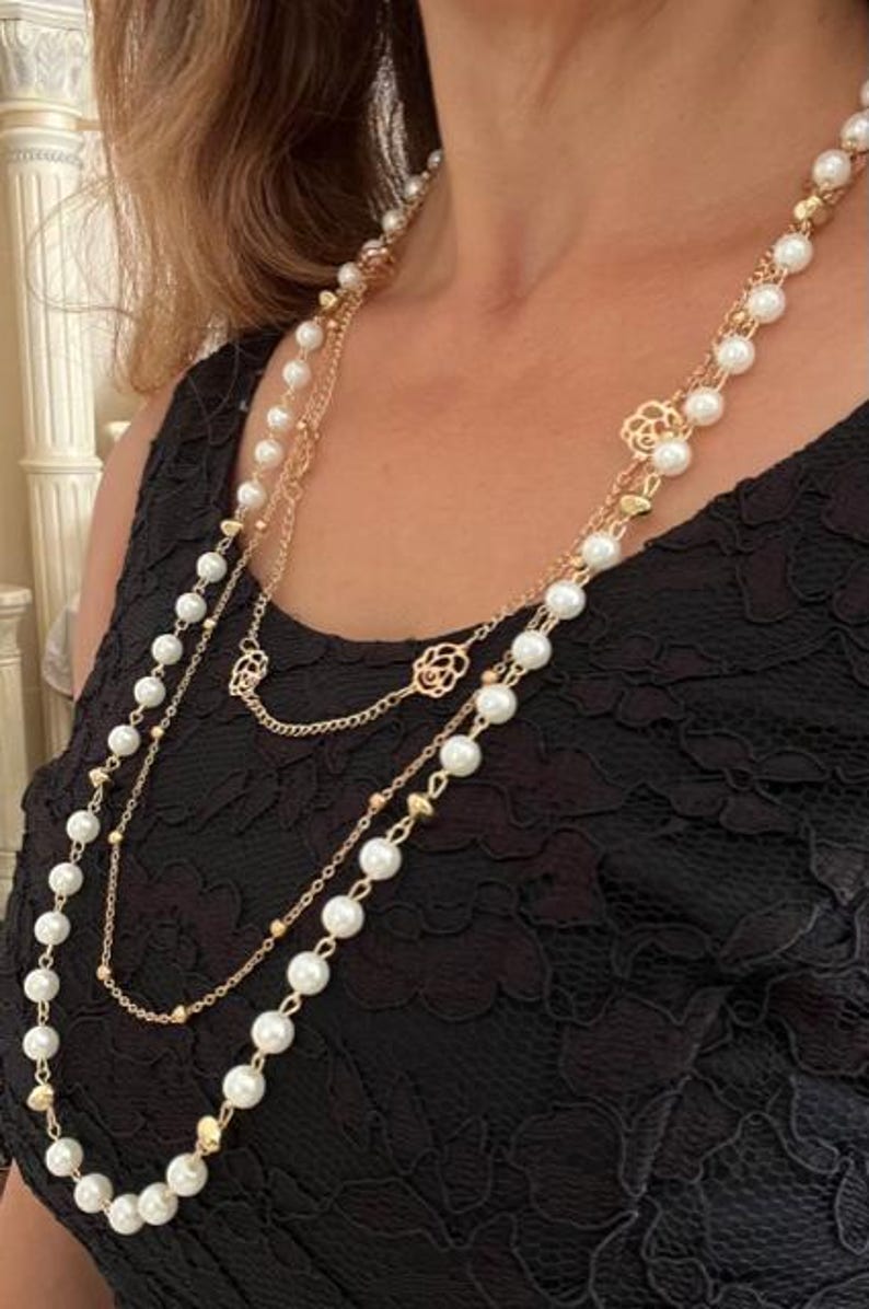 Long Pearl Necklace, Designed Pearl Necklace, Camellia Perlenkette Lang ...