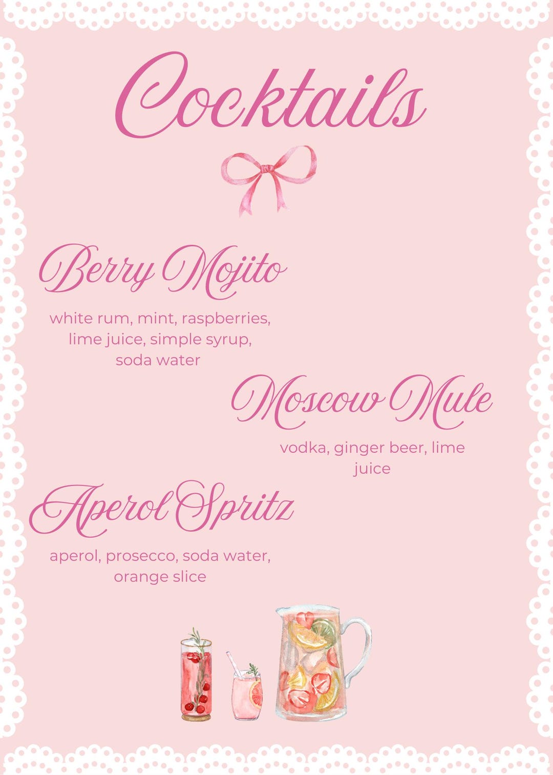Coquette Aesthetic Themed Cocktail Menu Template, Editable Birthday ...