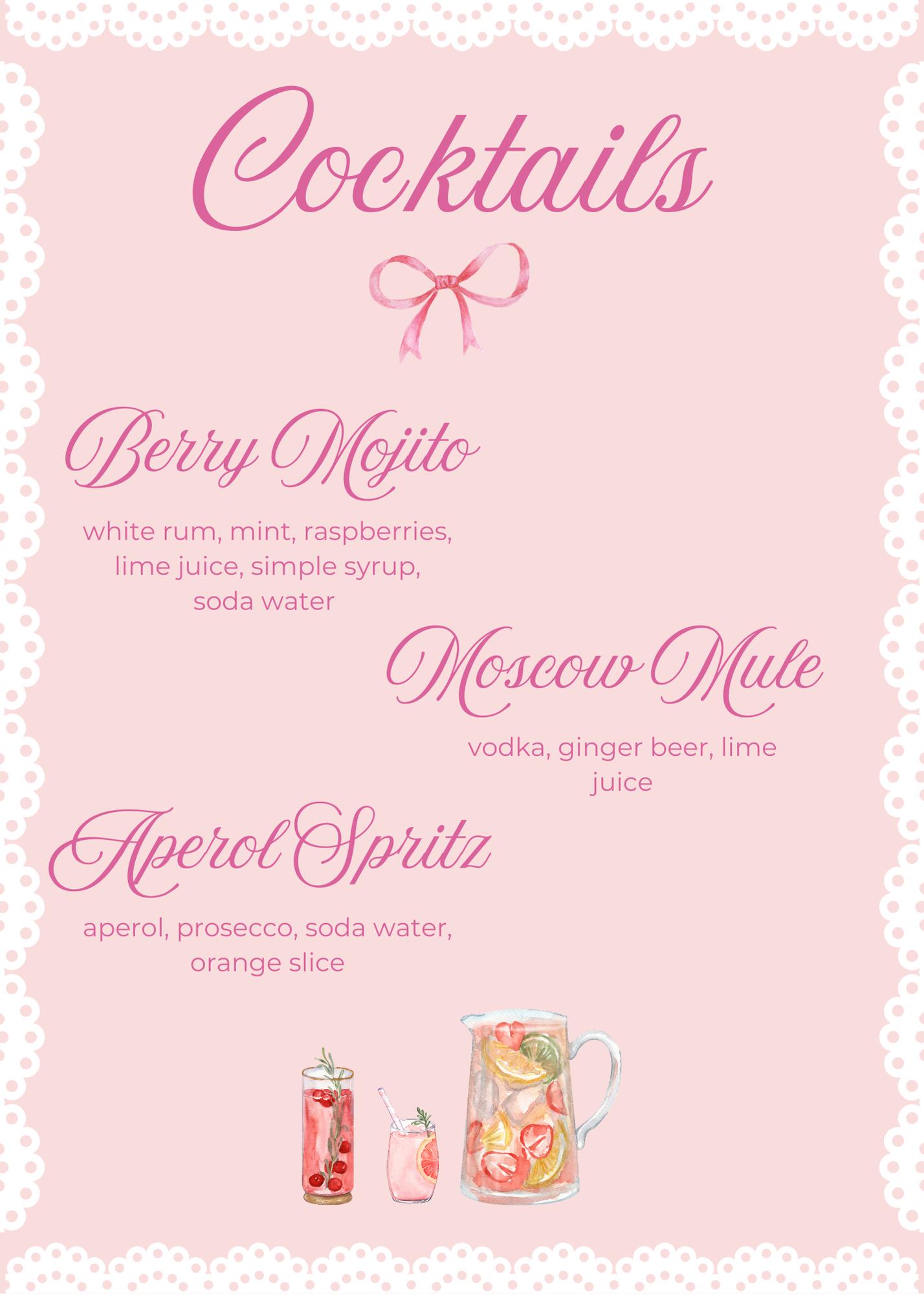 Coquette Aesthetic Themed Cocktail Menu Template, Editable Birthday ...
