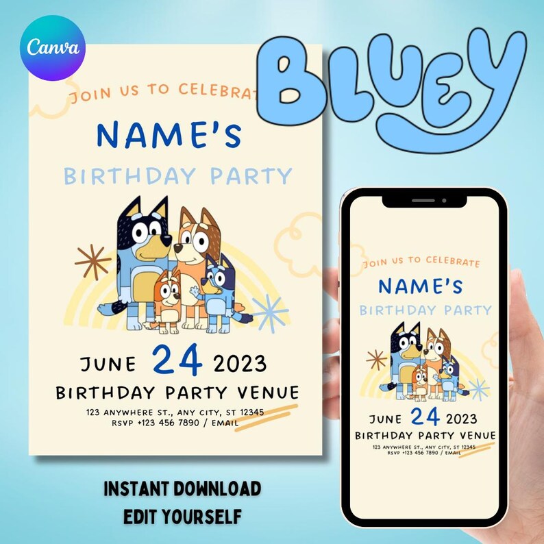 Birthday Invitation, Bluey Themed Invitation, Canva Kids Birthday ...