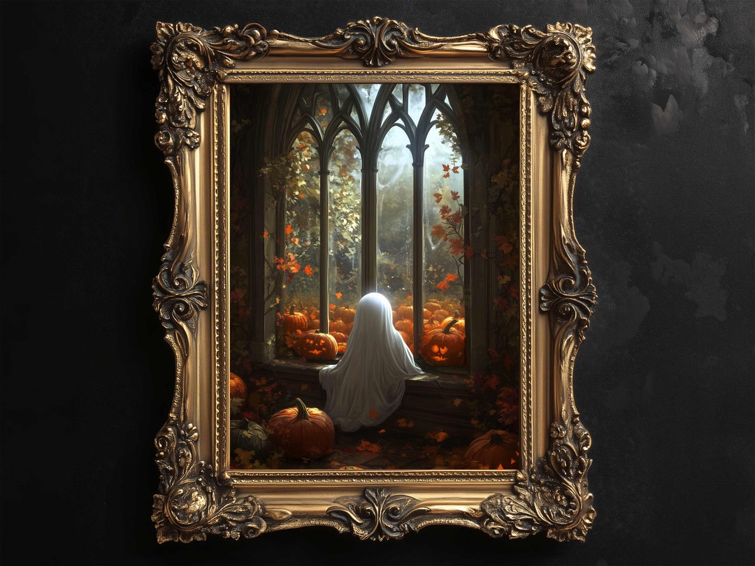 Back View of a Cute Ghost Staring Out the Window, Pumpkins, Dark ...