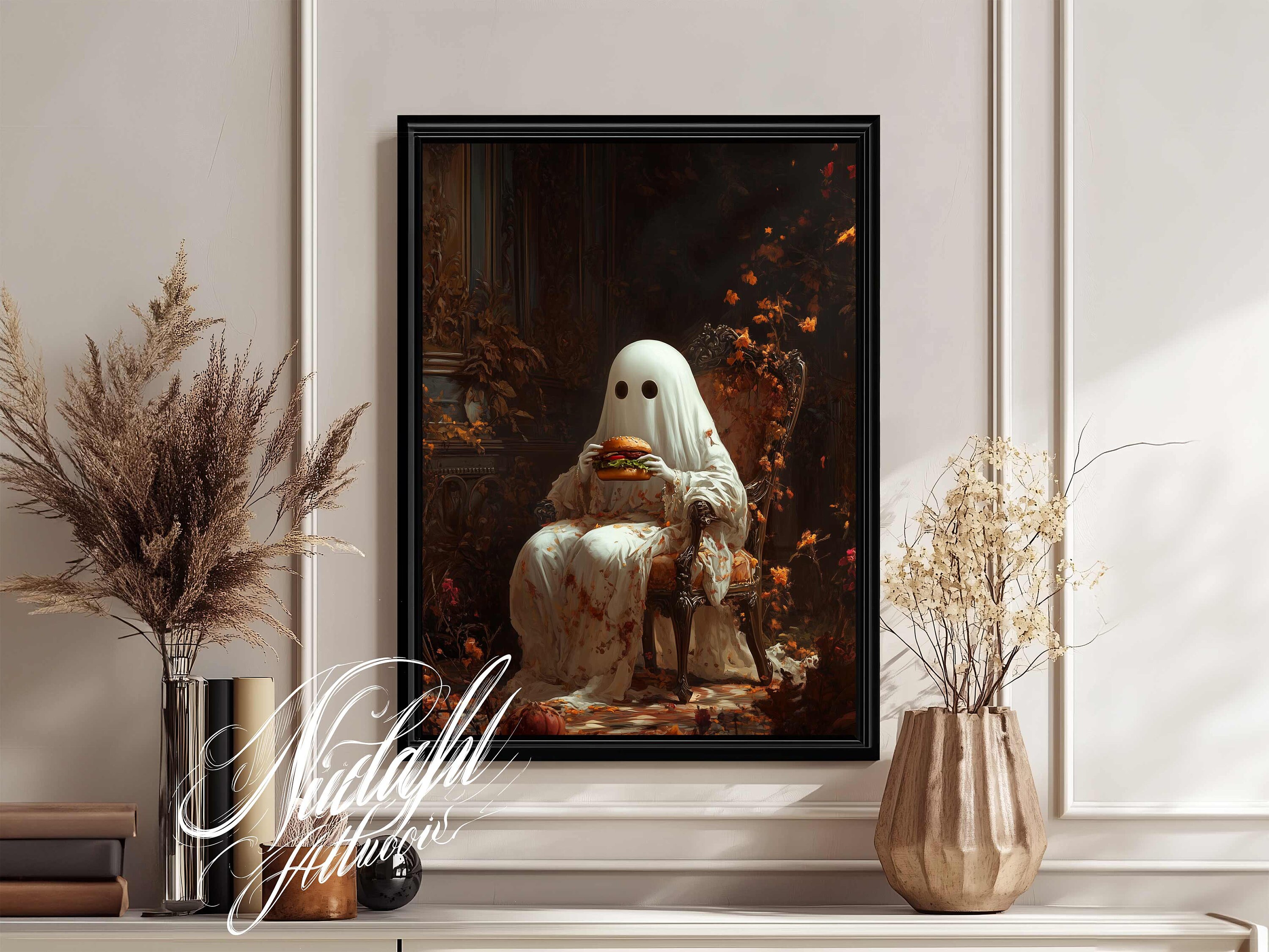 Cute Ghost Eating Hamburger Art Print, Dark Academia, Halloween Decor ...