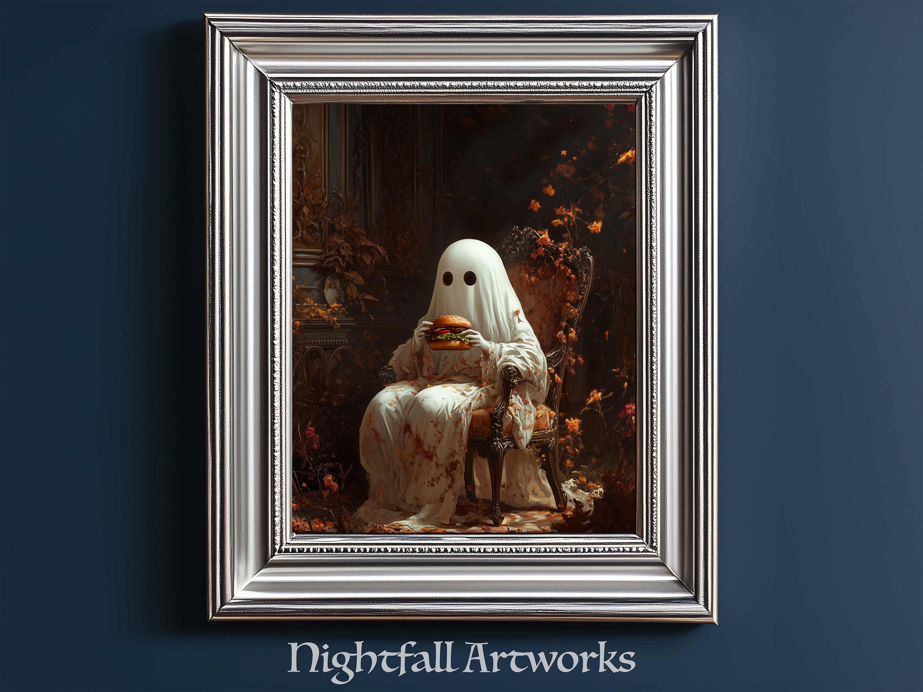 Cute Ghost Eating Hamburger Art Print, Dark Academia, Halloween Decor ...