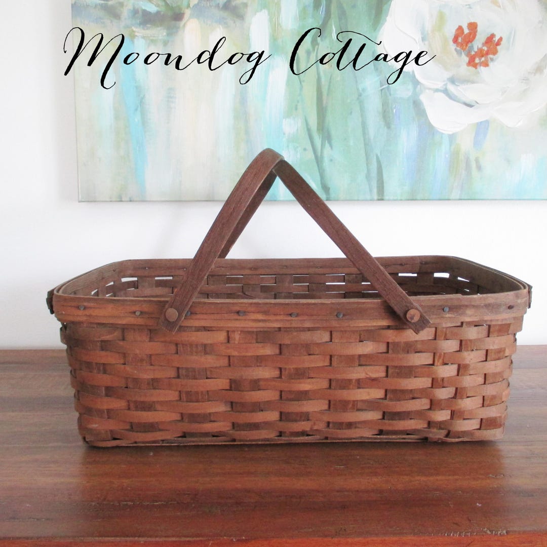 Large Antique Splint Wood Basket With Double Handles - 1800's - 19" X ...