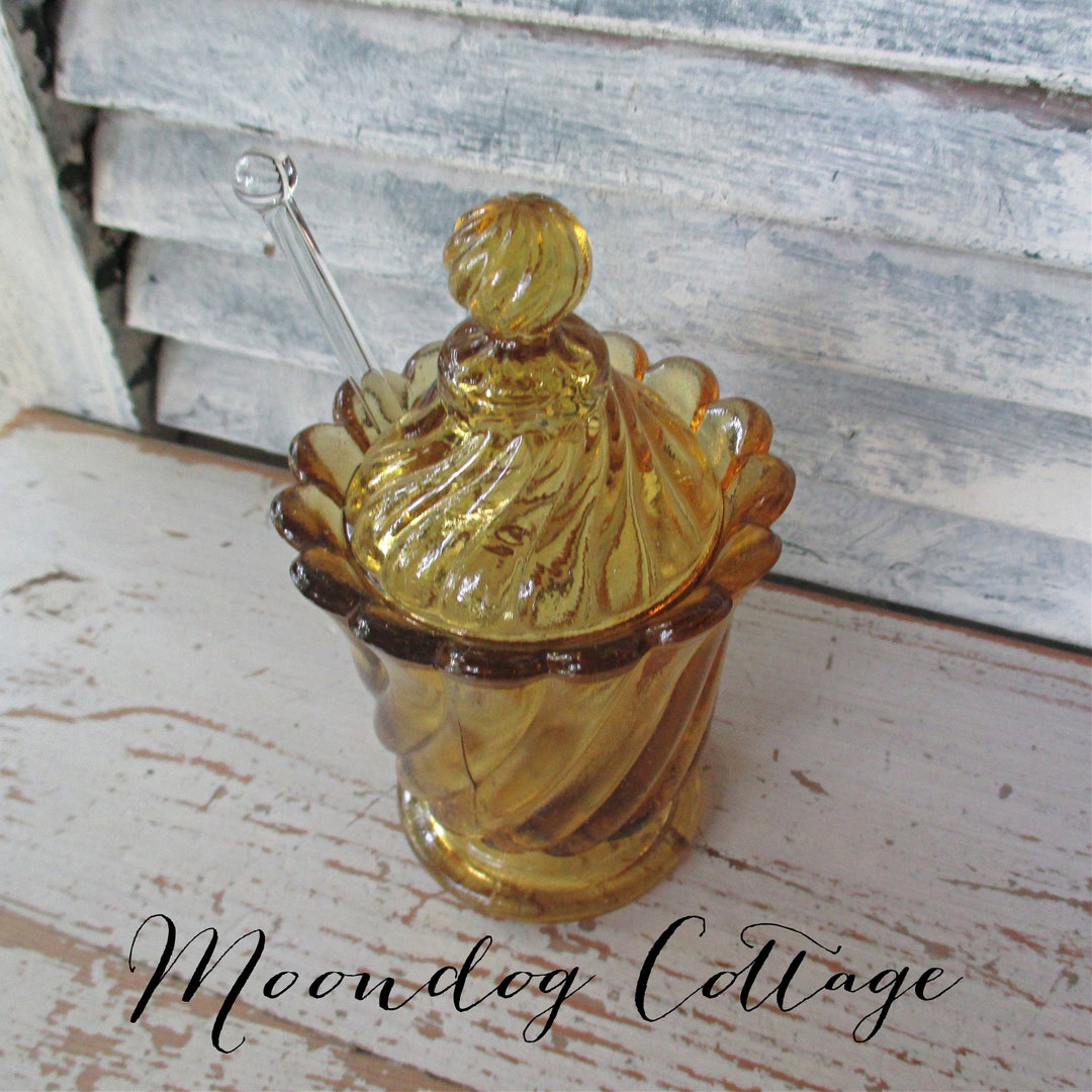 Lovely Vintage Amber Gold Glass Dish With Lid and Spoon - Etsy