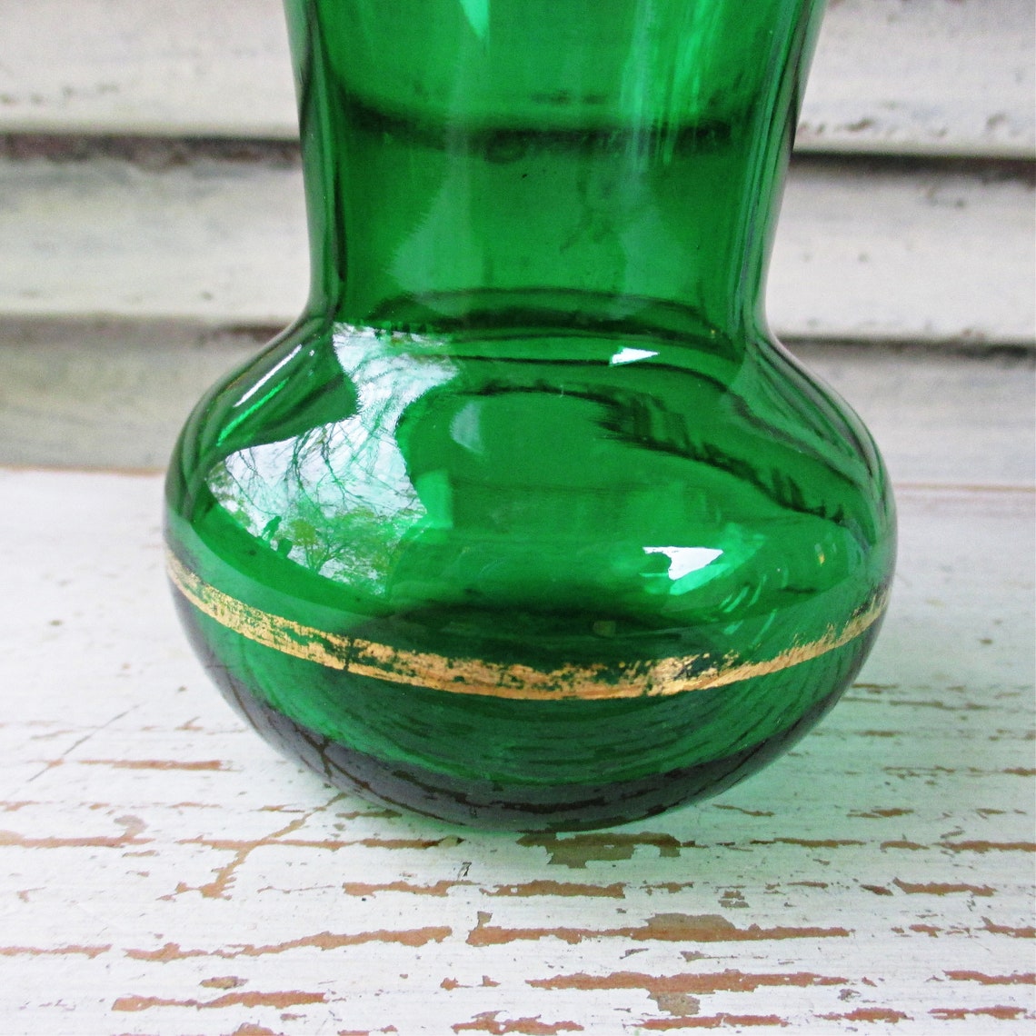 Vintage Small Emerald Green Glass Vase With Gold Stripe - 4" - Etsy