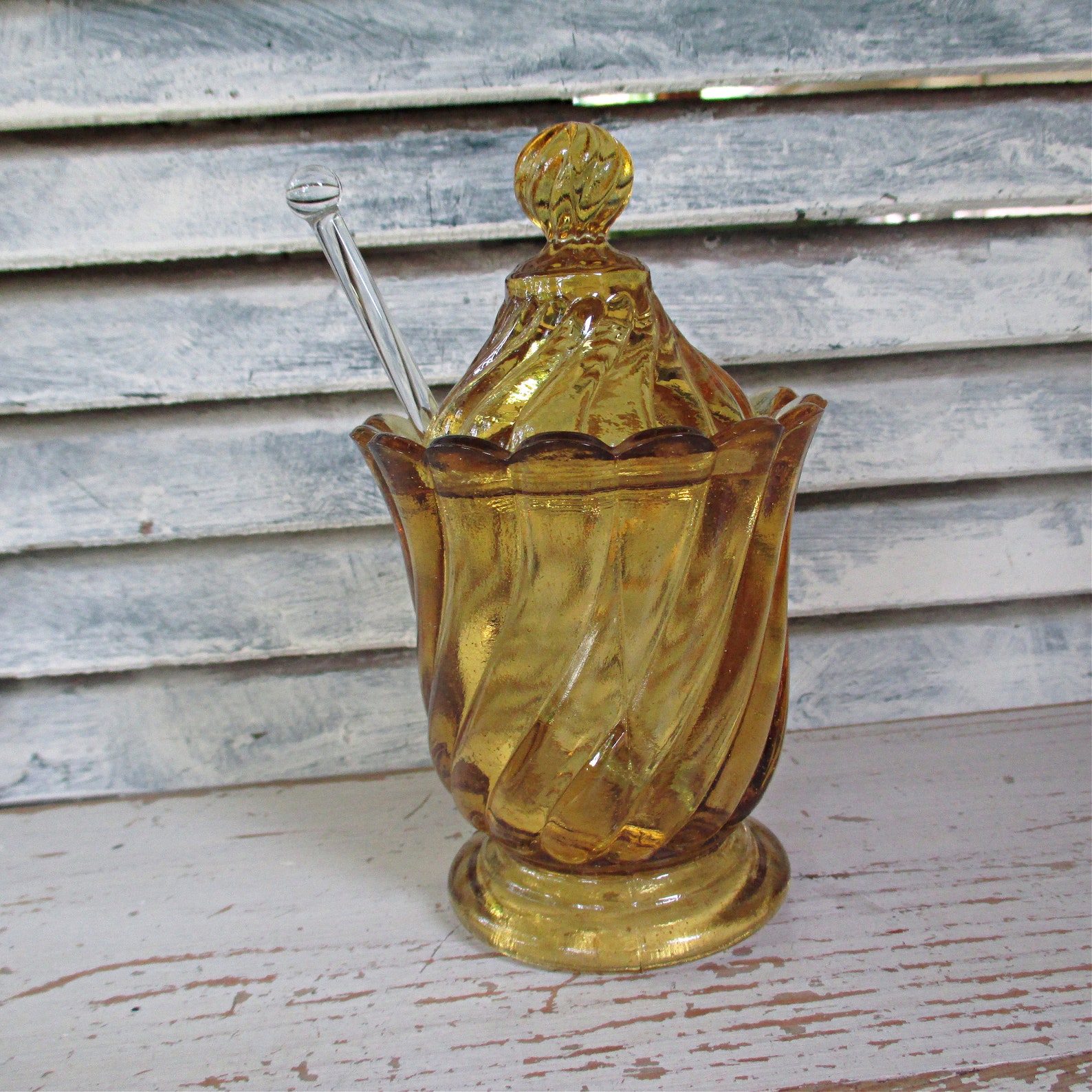 Lovely Vintage Amber Gold Glass Dish with Lid and Spoon | Etsy