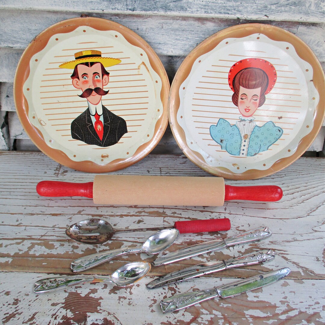 Vintage Children's Play Dish Set - 2 Metal/tin Plates, Rolling Pin ...