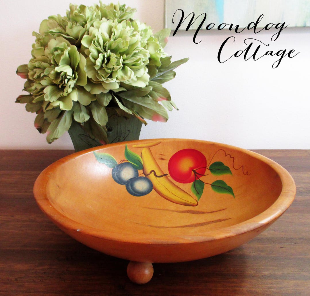Vintage Wooden Bowl - Tole Painted Fruit - Circa 1950's - Farmhouse ...