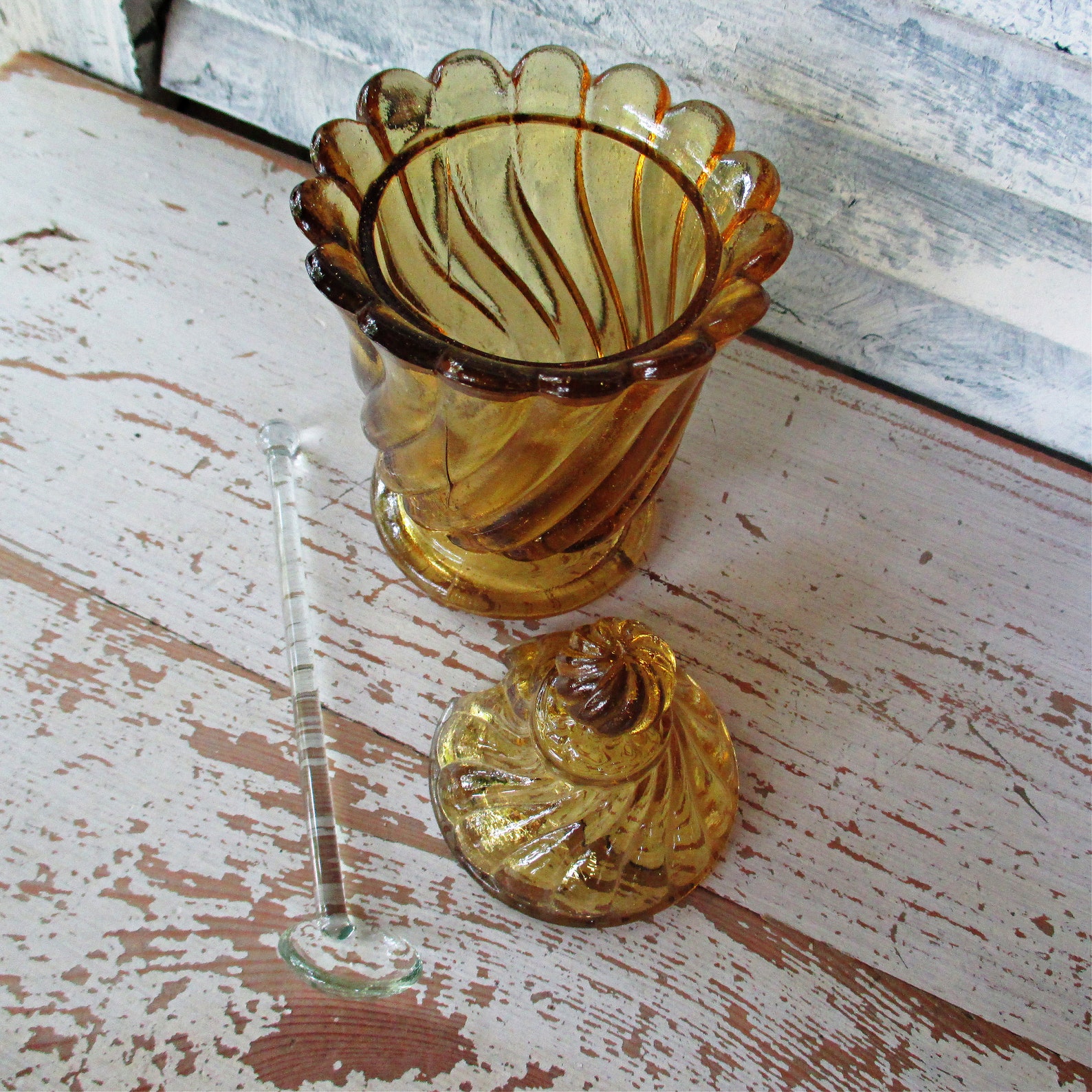 Lovely Vintage Amber Gold Glass Dish with Lid and Spoon | Etsy