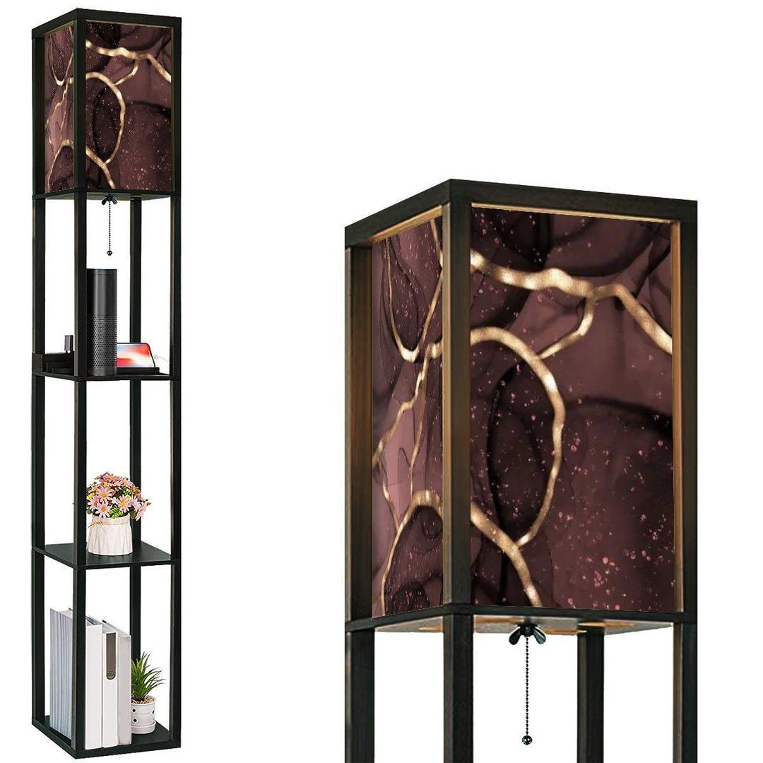 Tall Storage Lamp With Shelves Marble Accent Purple Gold LED Lighting ...