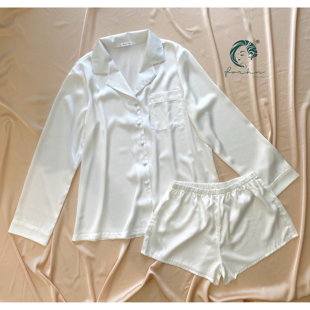 Long Sleeve Satin Pajamas Shorts Set | Custom Satin Bridesmaid ...