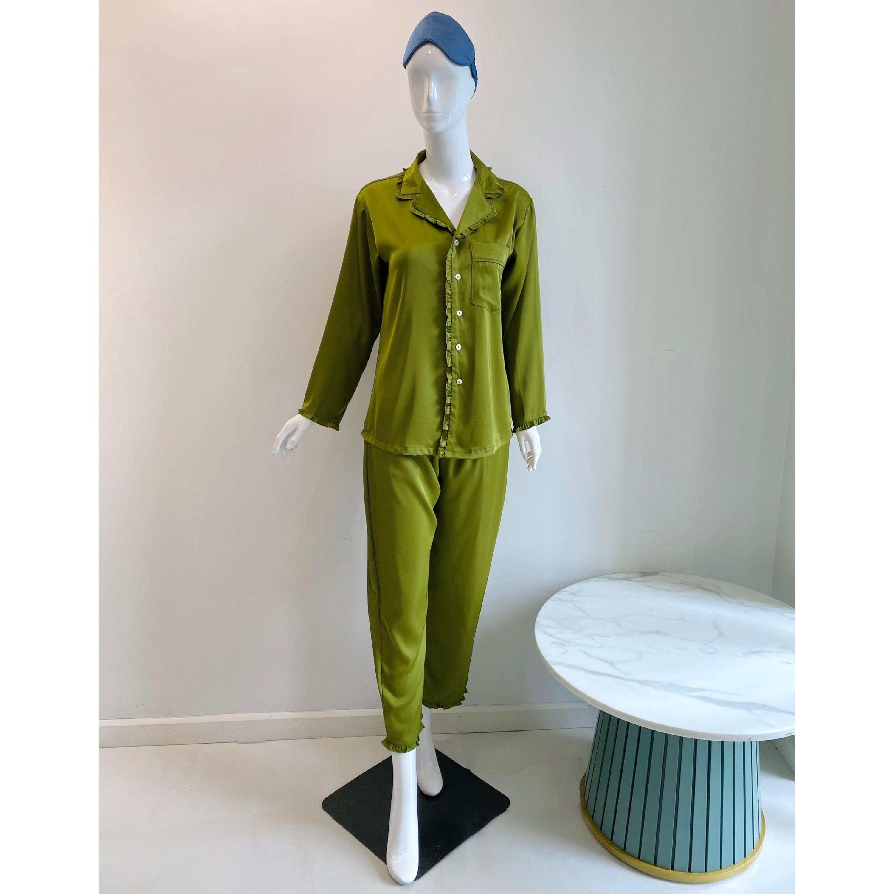 Satin Pajama Set in Pink, Grass-green, Long Sleeve Sleepwear, Custom ...