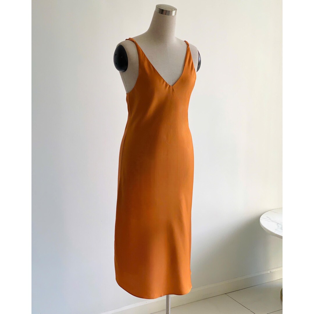 Apricot Satin Midi Slip Dress | Deep-orange Silky Evening Dress ...