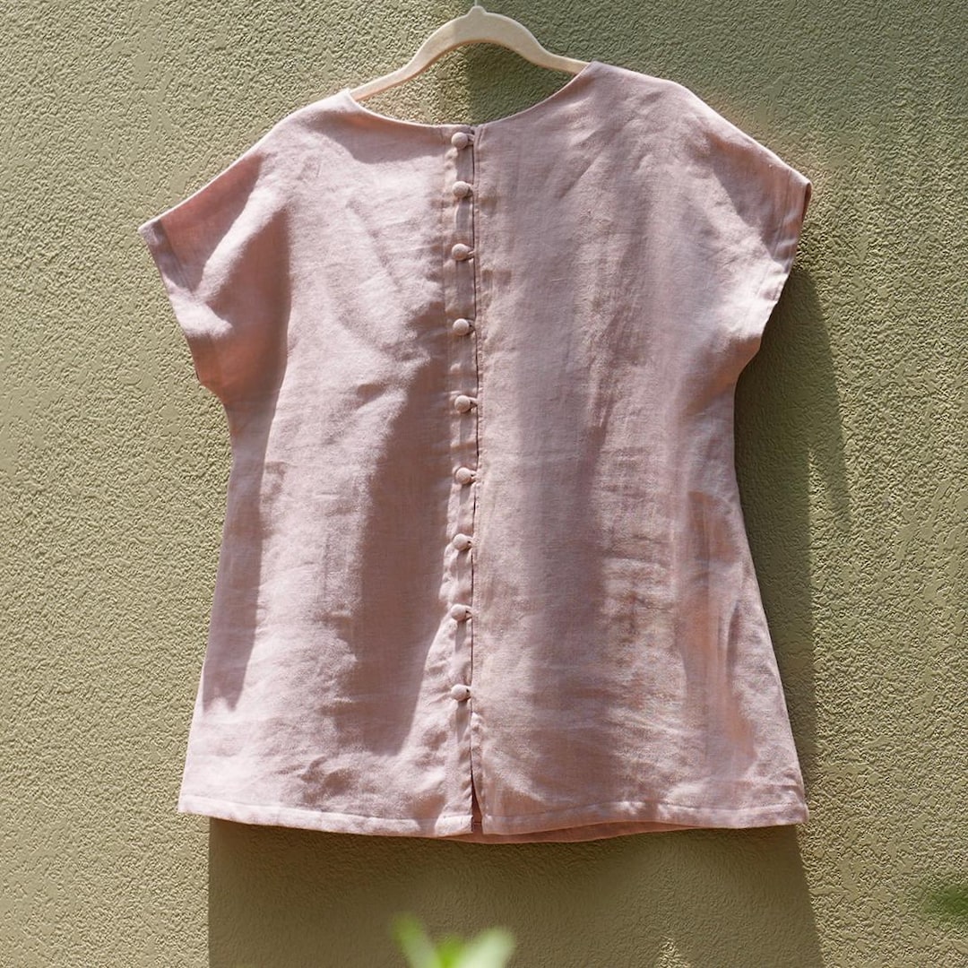 Handmade Pink Linen Blouse: Button Back Short Sleeve Top, Custom Colors ...