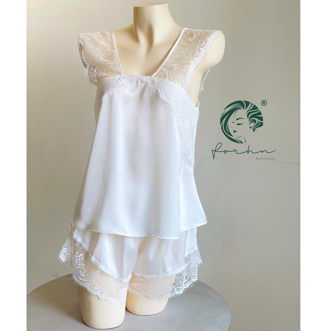 White Satin Lace Cami Shorts Set | Bridal Lingerie Sleepwear - Etsy