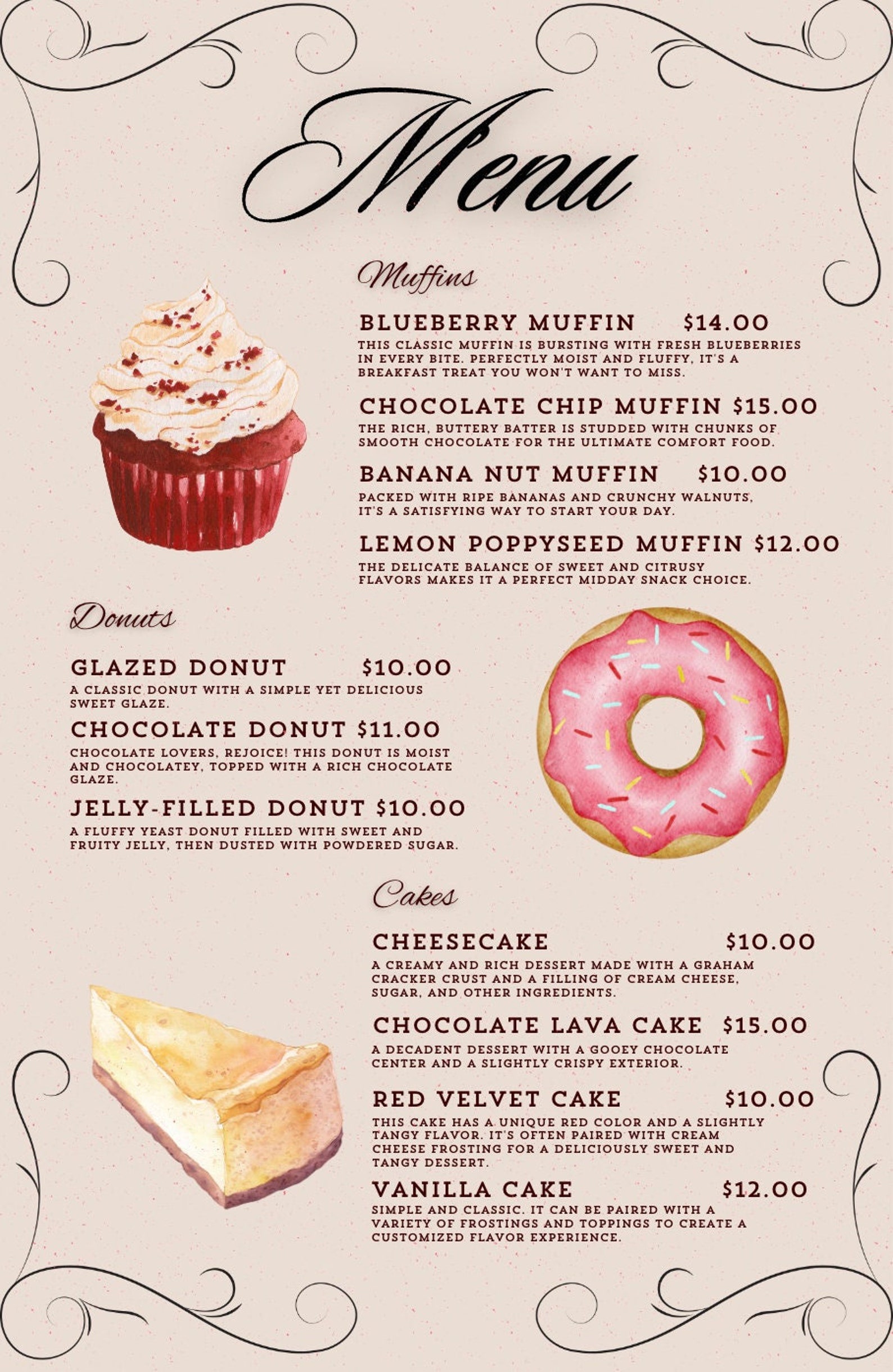 Customizable Watercolour, Cute, Demure, 1 Page Front and Back Dessert ...