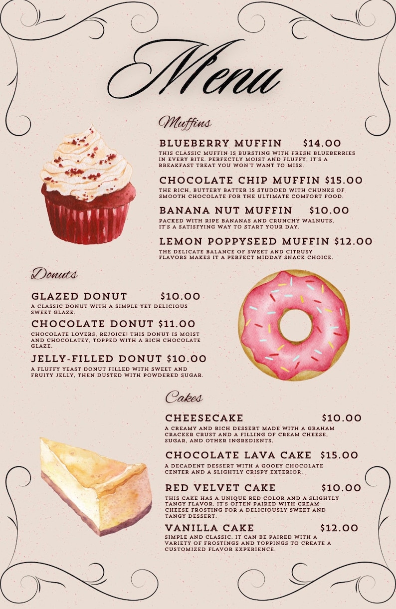 Customizable Watercolour, Cute, Demure, 1 Page Front and Back Dessert ...