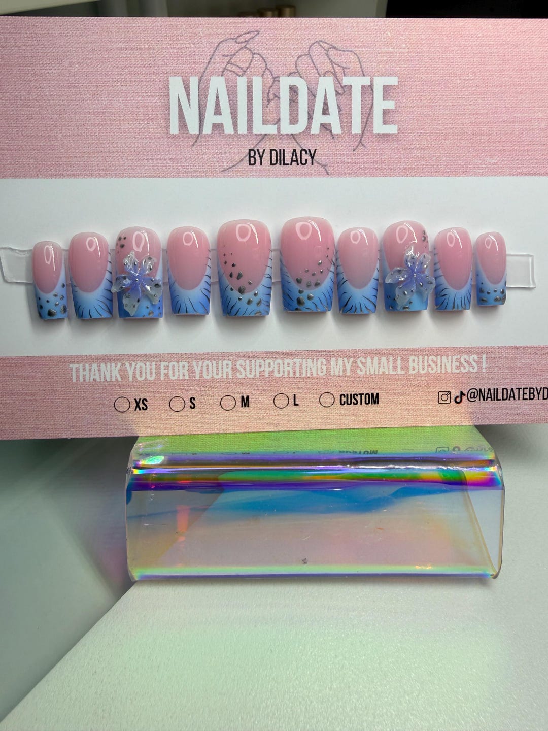 BLUE LAGOON Press on Nail Set |zebra Print | 3D Flower | Chrome | Nail ...