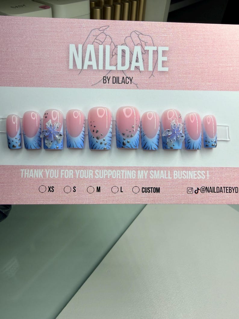BLUE LAGOON Press on Nail Set |zebra Print | 3D Flower | Chrome | Nail ...