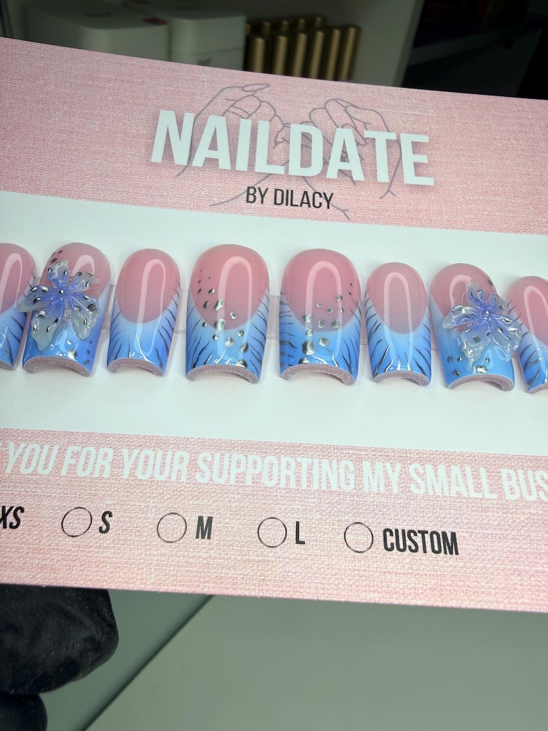 BLUE LAGOON Press on Nail Set |zebra Print | 3D Flower | Chrome | Nail ...