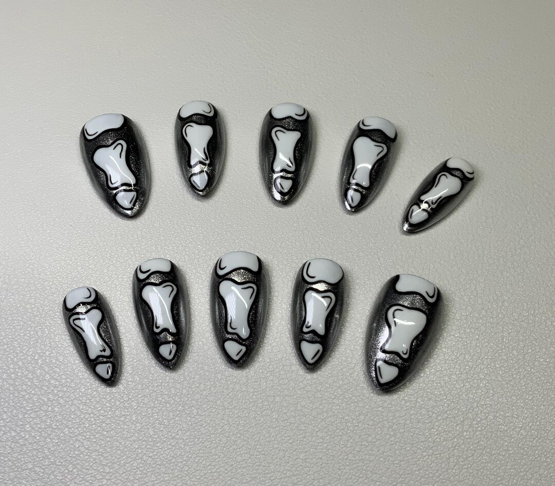 CHROME BONES Press on Nail Set | Bones| Black | White | Chrome ...