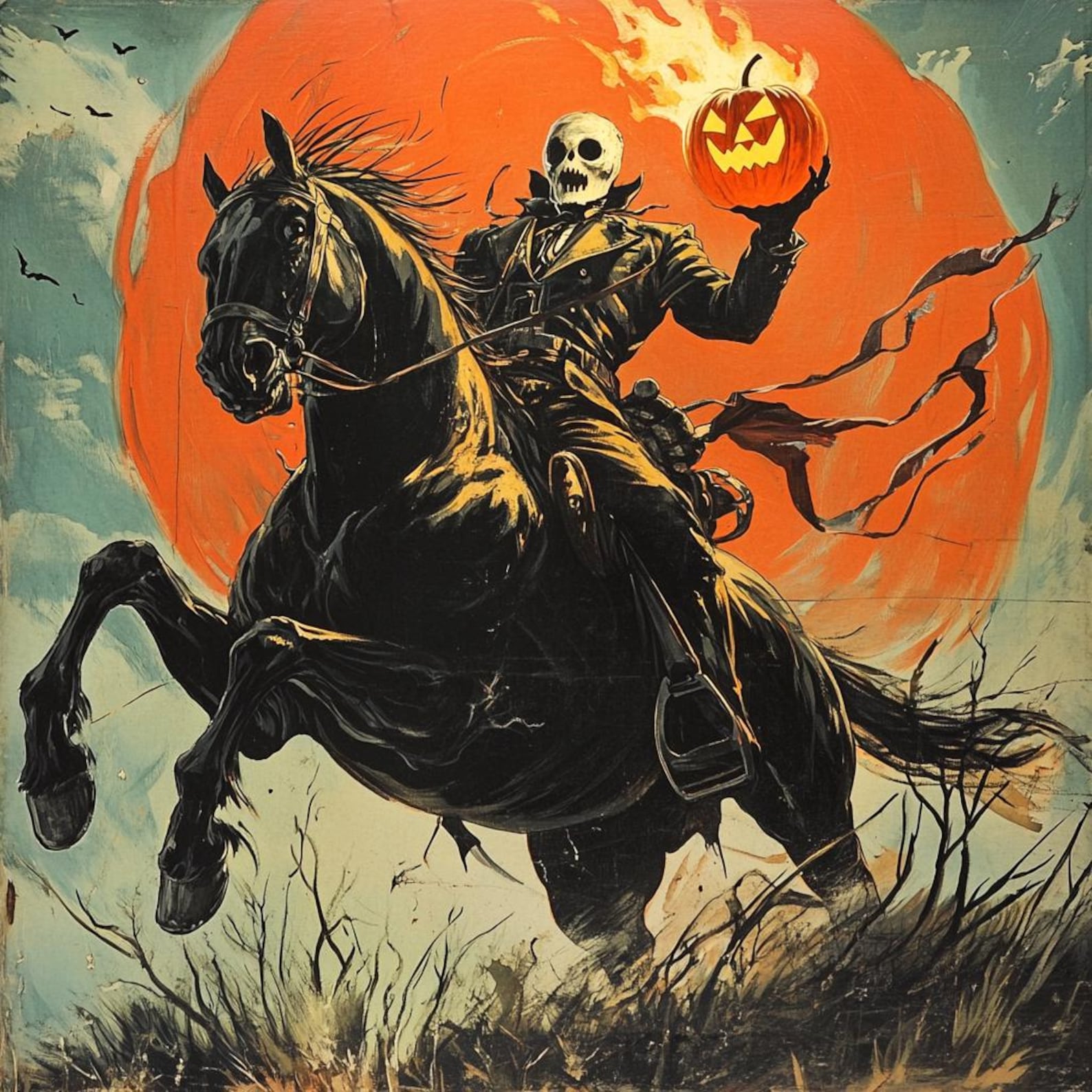 Retro Headless Horseman Illustration for Halloween - Etsy
