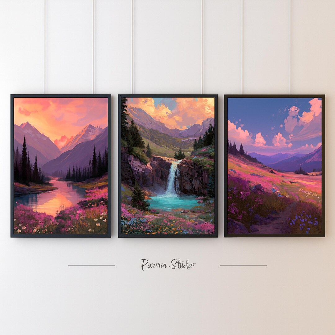 Digital Download Wall Art Set of 3, Mountain Sunset Art, Waterfall ...