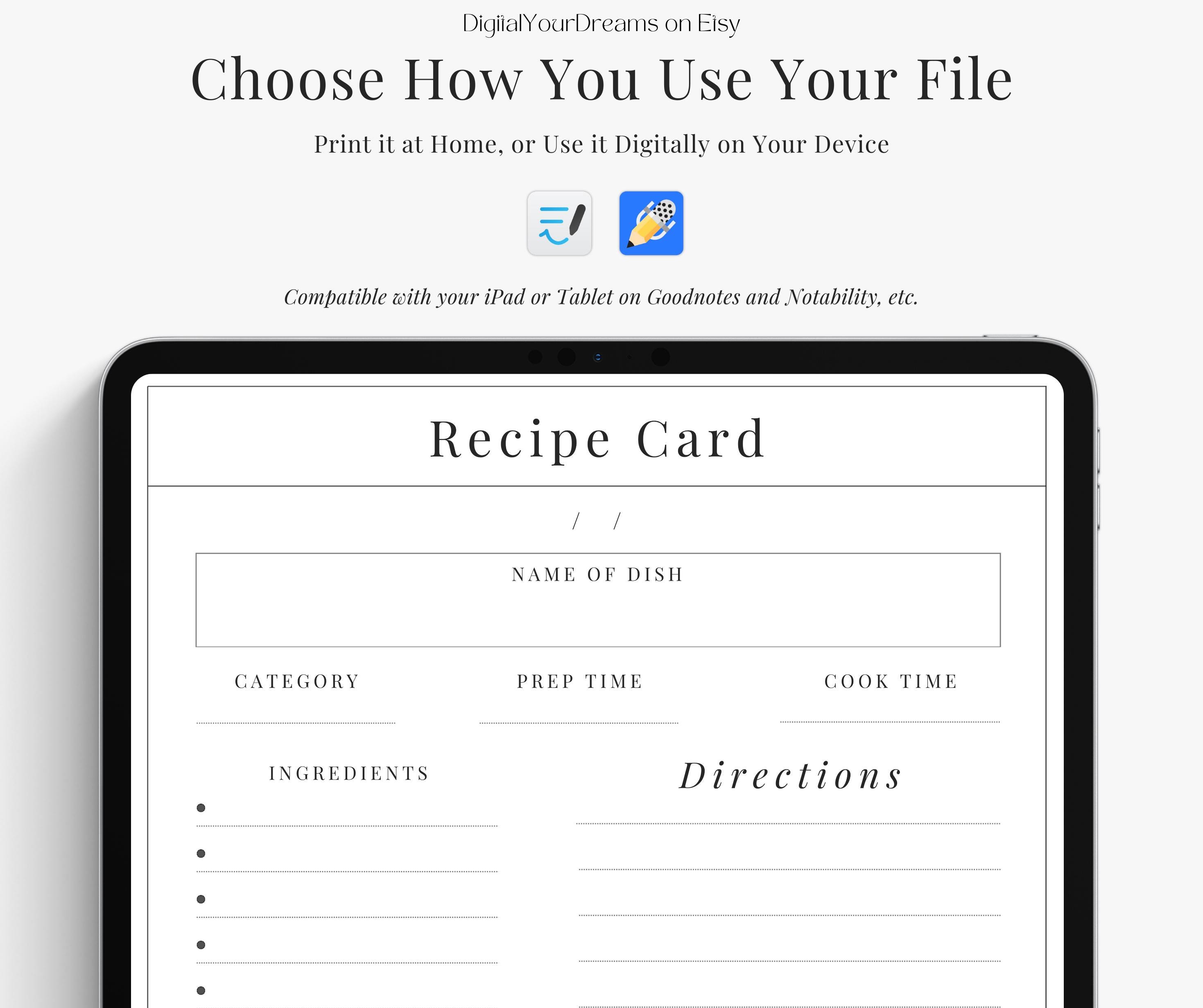 Printable Recipe Card Digital Recipe Card Printable Cookbook Digital ...