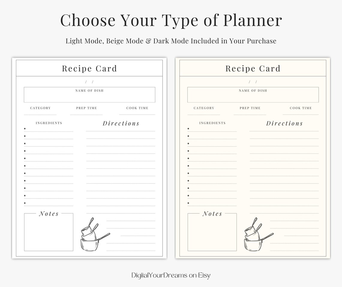 Printable Recipe Card Digital Recipe Card Printable Cookbook Digital ...