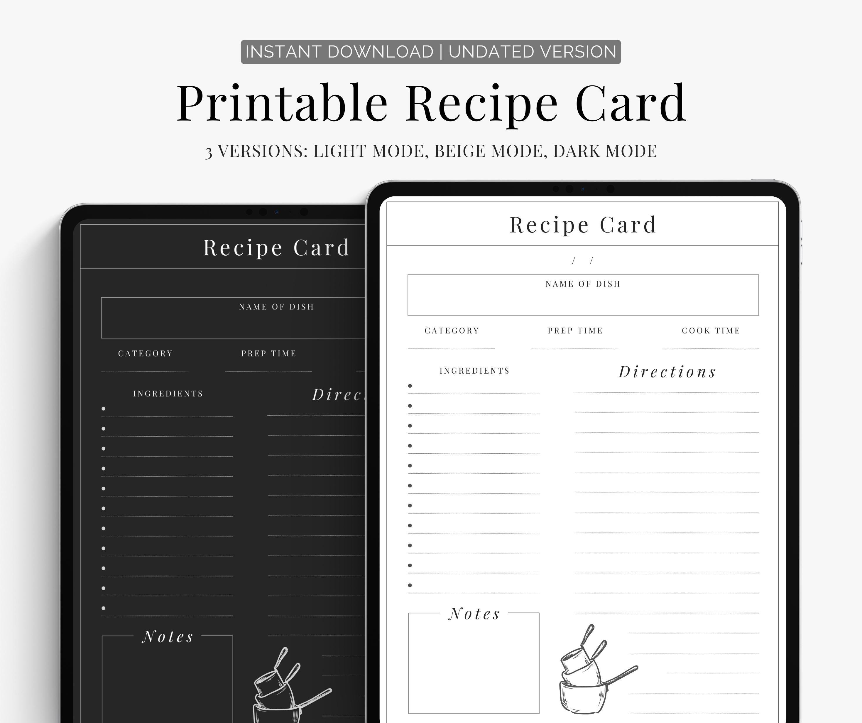 Printable Recipe Card Digital Recipe Card Printable Cookbook Digital ...