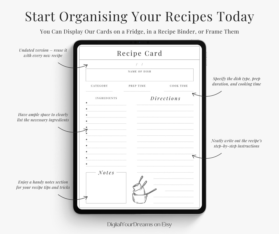 Printable Recipe Card Digital Recipe Card Printable Cookbook Digital ...