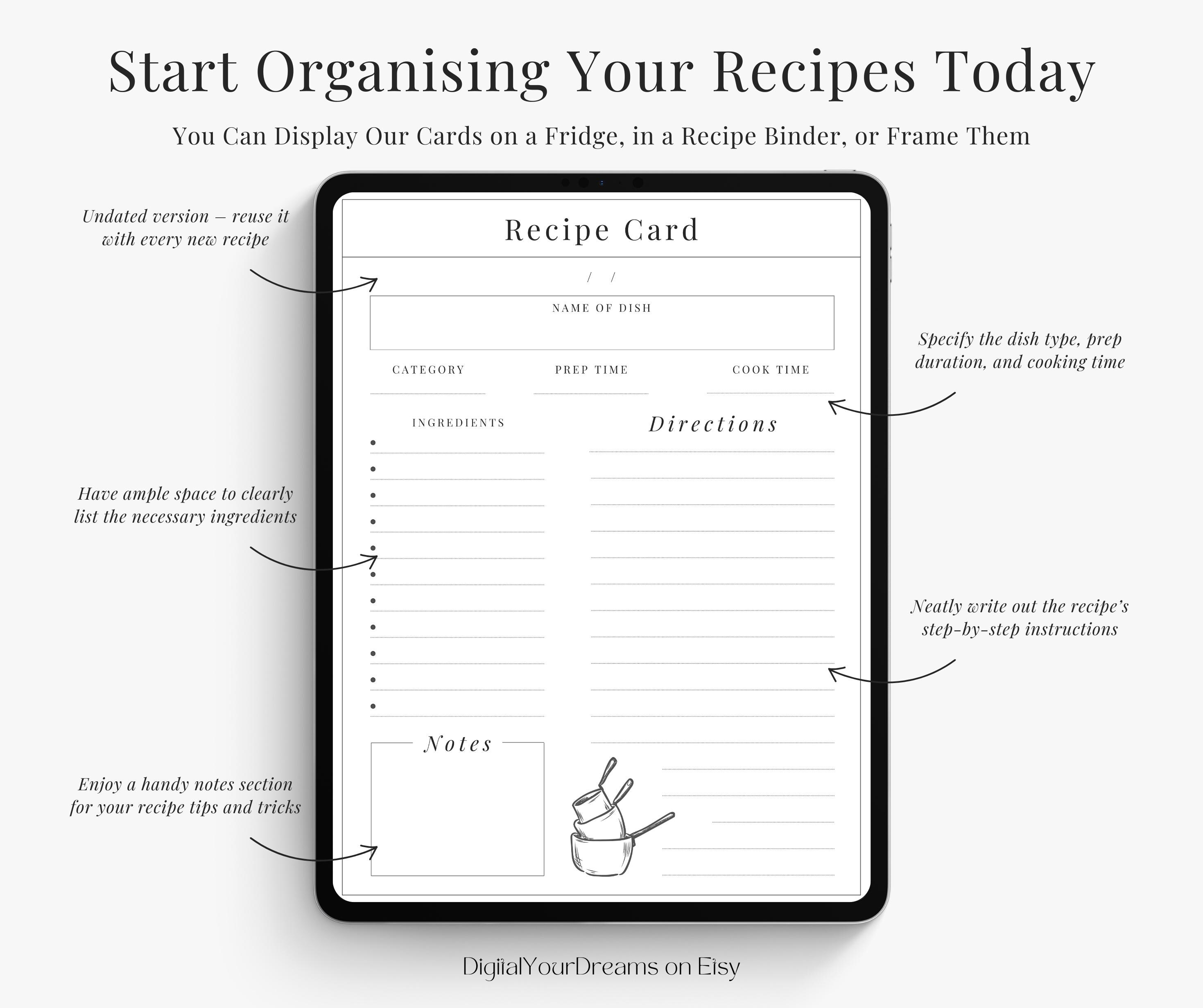 Printable Recipe Card Digital Recipe Card Printable Cookbook Digital ...