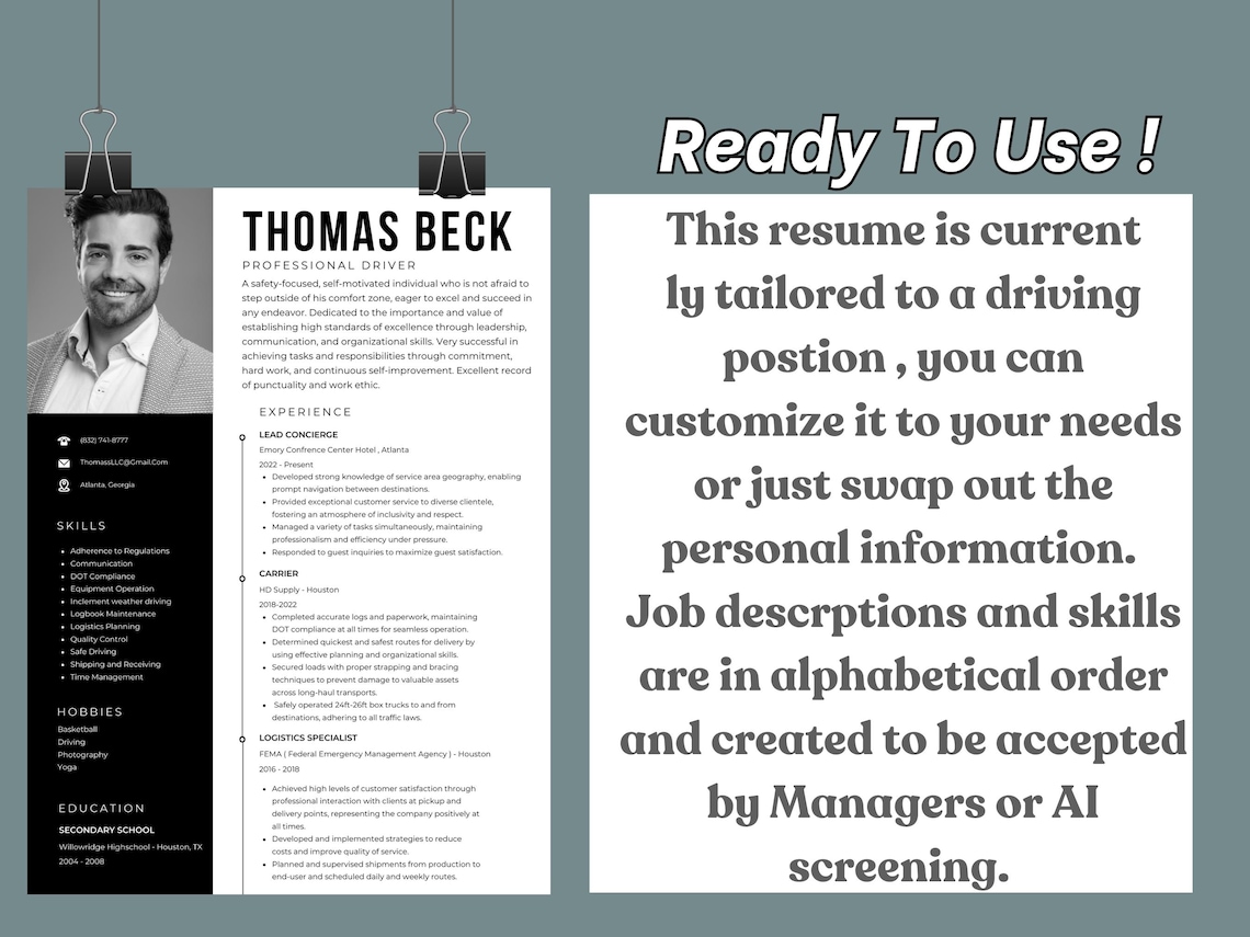 Fully Customizable Resume Canva Template | Professional Driver| Truck ...