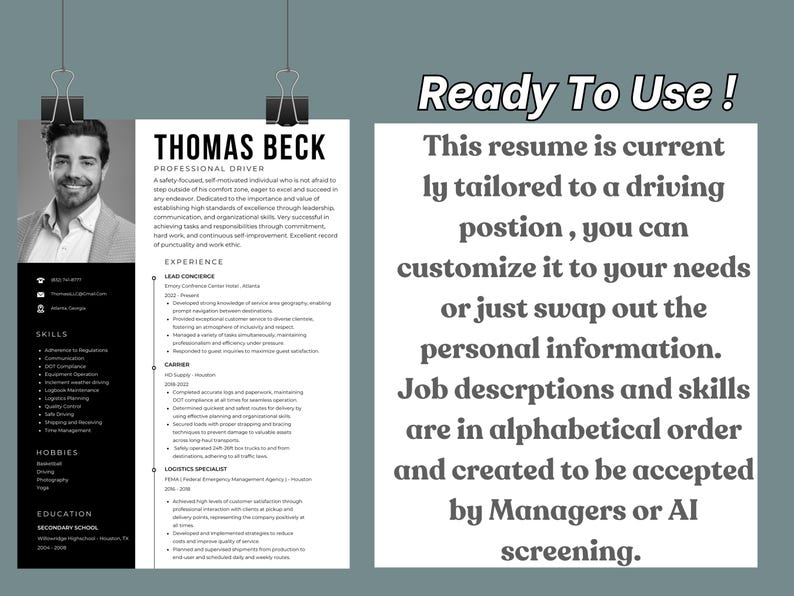 Fully Customizable Resume Canva Template | Professional Driver| Truck ...