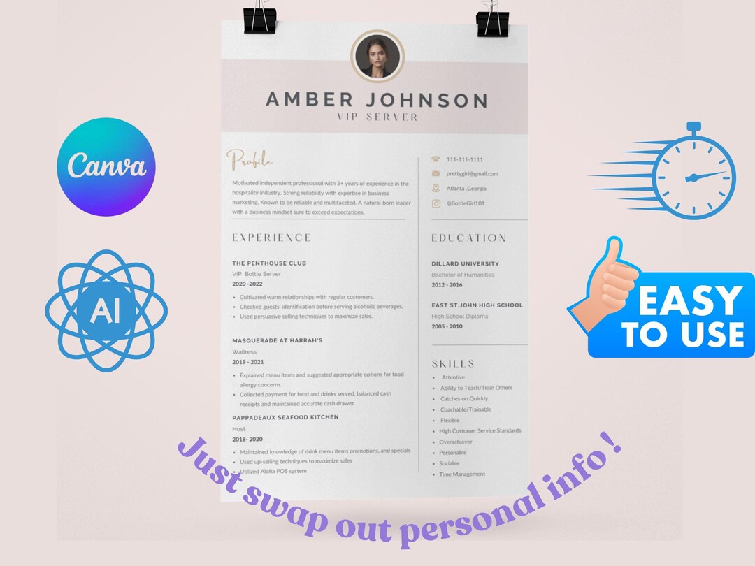 Bottle Girl Resume Template for Nightlife + Luxury Hospitality | CANVA ...