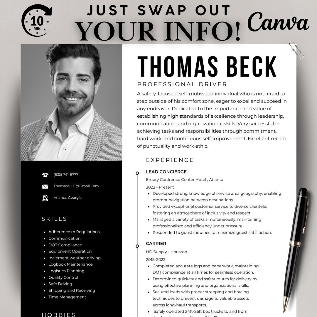 Fully Customizable Resume Canva Template | Professional Driver| Truck ...