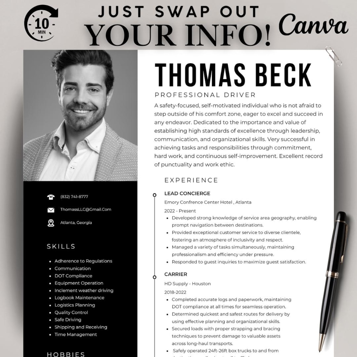 Fully Customizable Resume Canva Template | Professional Driver| Truck ...