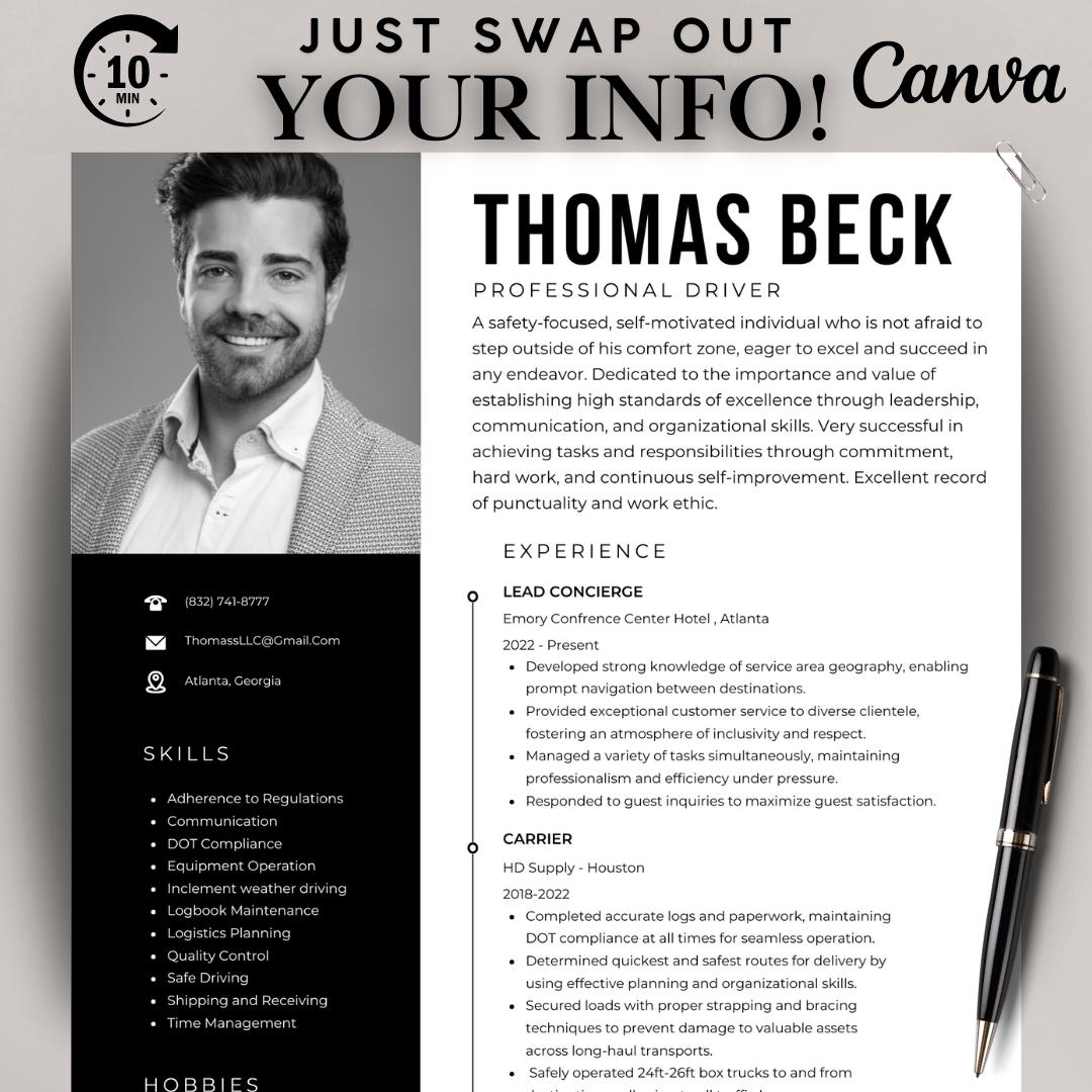 Fully Customizable Resume Canva Template | Professional Driver| Truck ...