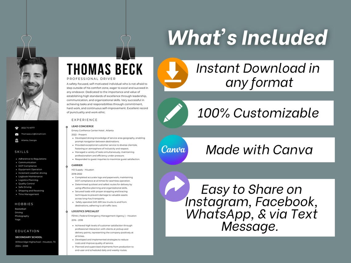 Fully Customizable Resume Canva Template | Professional Driver| Truck ...