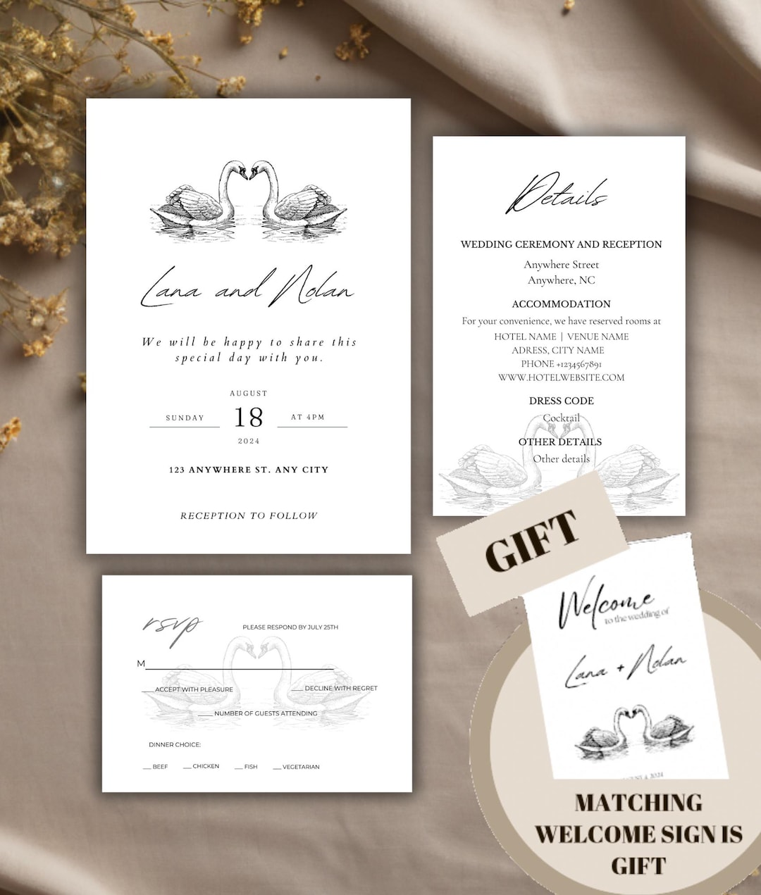 Romantic Swan Wedding Invitation, Digital Printable Template With ...