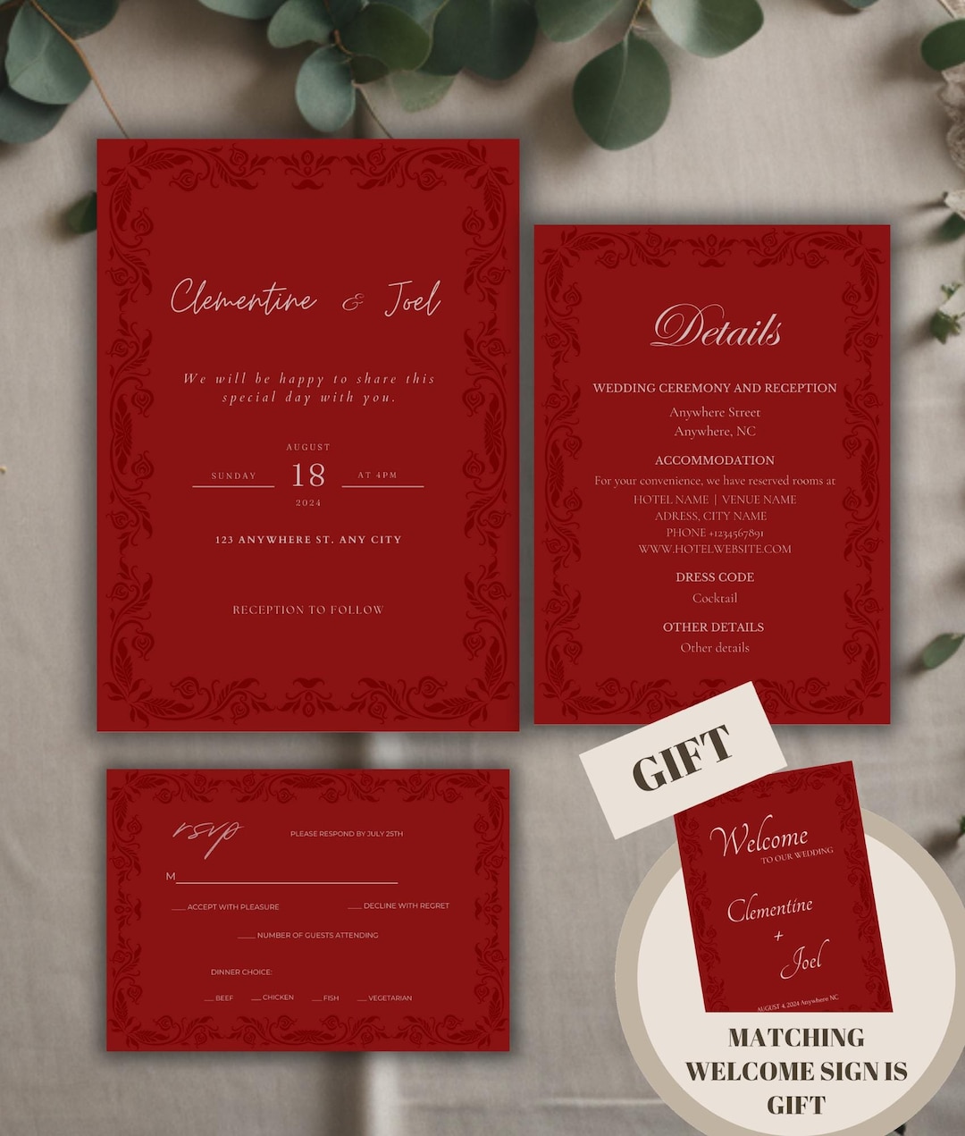 Elegant Red Wedding Invitation, Romantic Invitation, Red-themed Digital ...