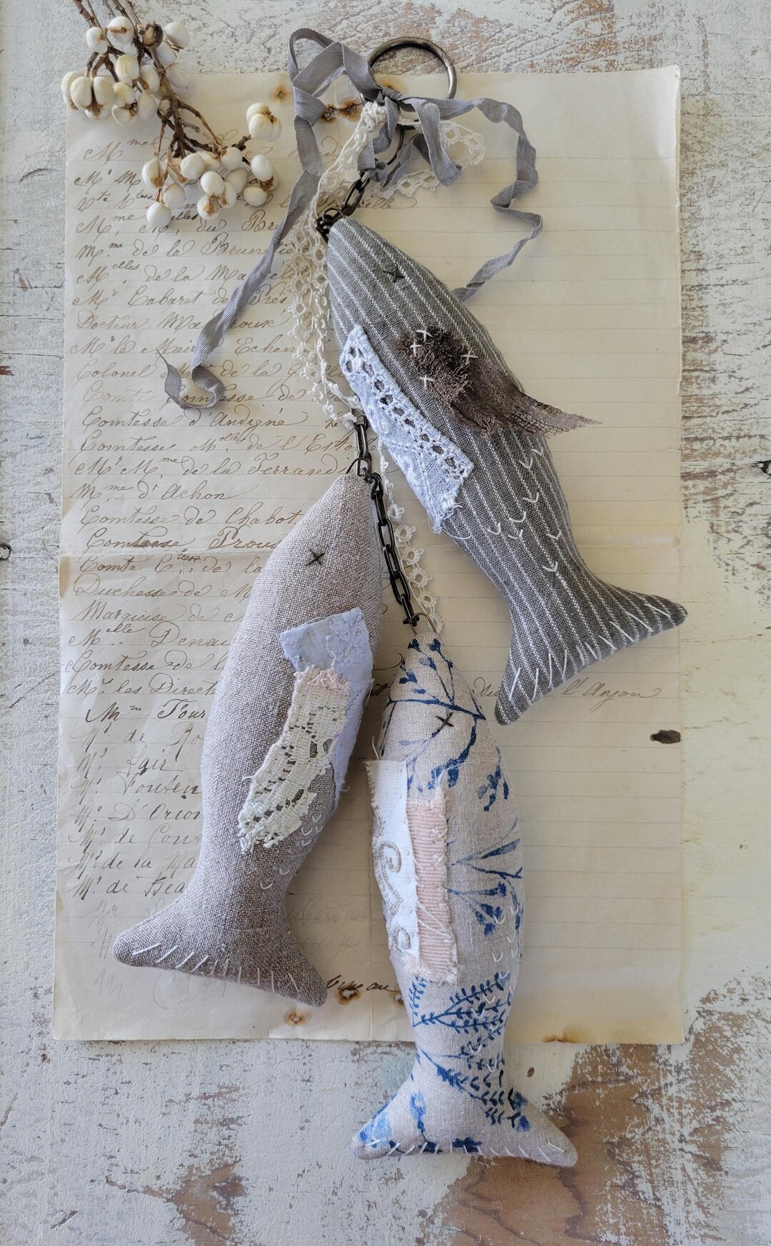 Hanging Linen Fish String Decoration Textile Art Rustic Home Decor ...