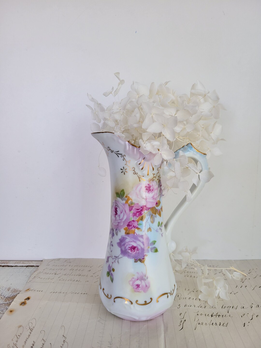 Vintage Porcelain Rose Pitcher Vase Painted Porcelain Gilded Shabby ...