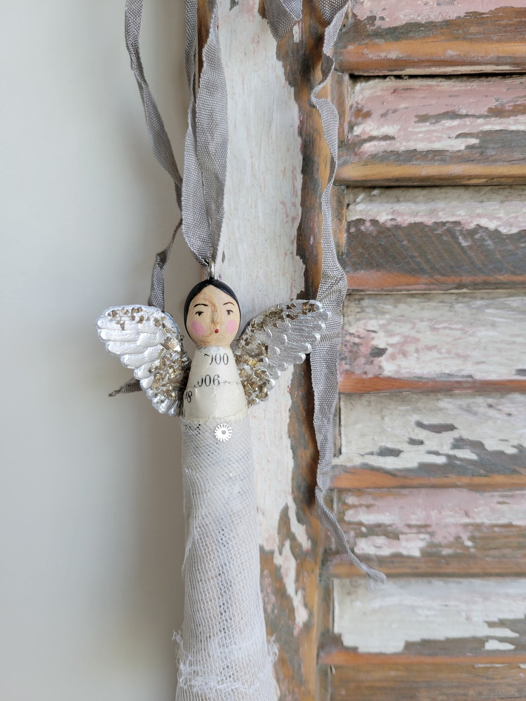 Handmade Carved Clothespin Art Doll - Hanging Angel Doll - Antique ...