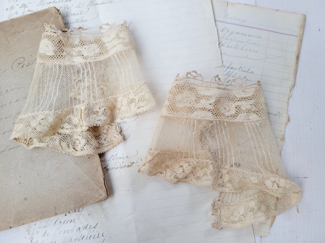 Antique Handmade Ecru Fine Lace Wrist Cuffs Netting Tatted Floral Beige ...
