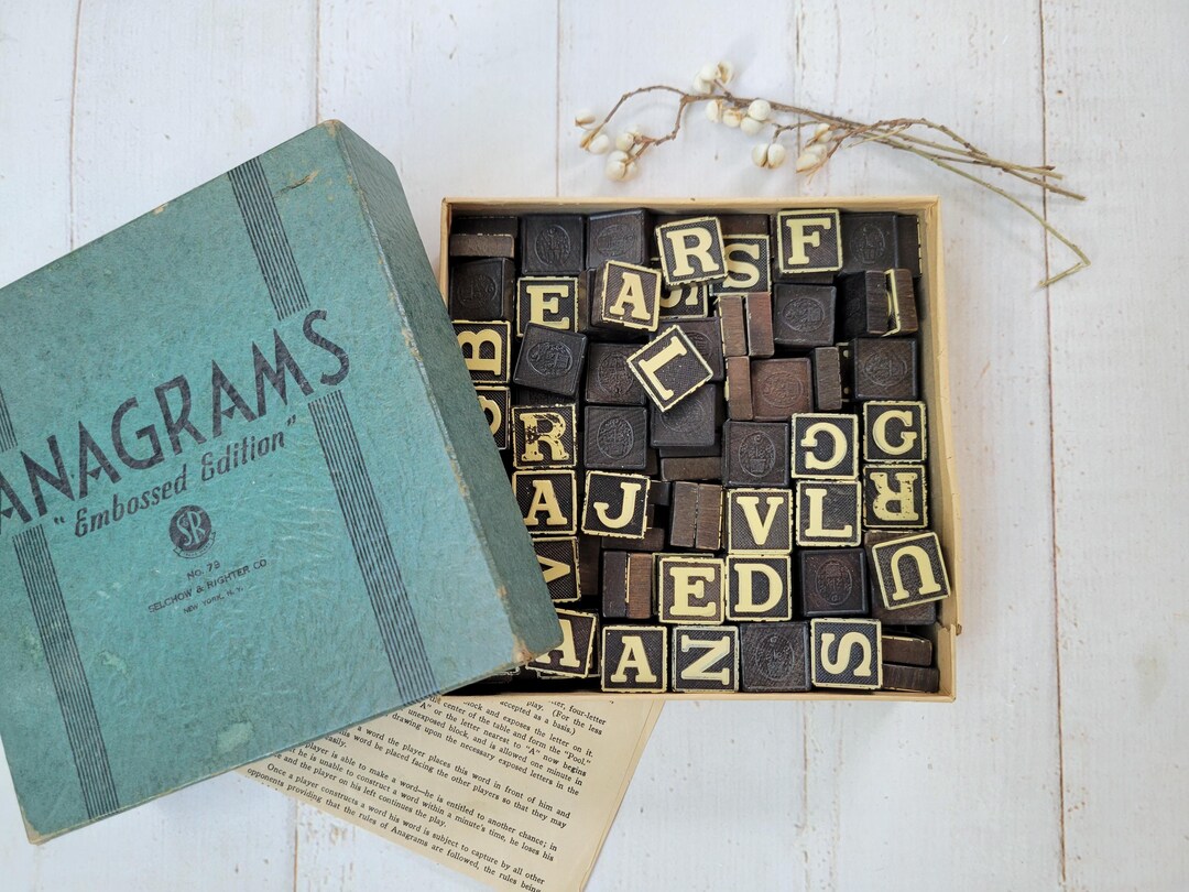 Vintage Antique Wooden Wood Anagrams Game Embossed Edition Black and ...